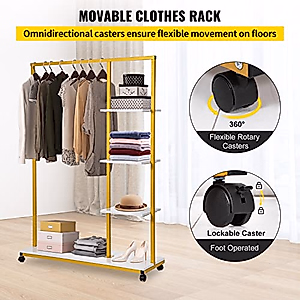 VEVOR Clothing Garment Rack, 39.4"x14.2"x59.1", Heavy-duty Clothes Rack w/Bottom Shelf & Extra 3 Side Shelves, 4 Swivel Casters, Rolling Clothes Organizer for Laundry Room Retail Store Boutique, Gold