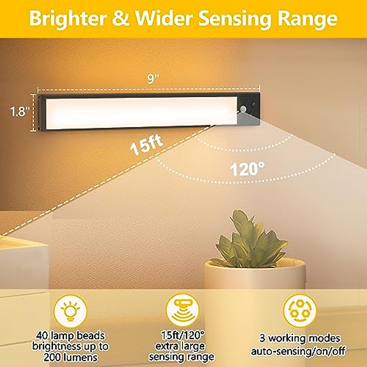 Trushome Under Cabinet Lights Motion Sensor, 40 LED Rechargeable Under Cabinet Lighting Wireless, 3 Color Temps & Brightness Dimmable Closet Lights, Magnetic Under Counter Lights for Kitchen, 2 Pack