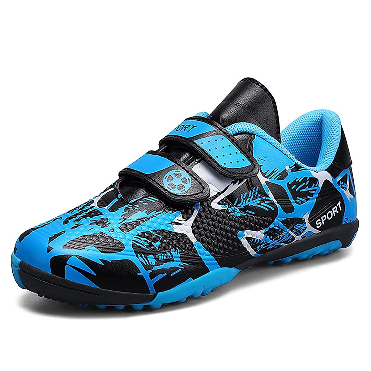 FUQIAO Kids Firm Ground Soccer Cleats for Boys Girls Outdoor Athletic Turf Shoes Indoor Football Trainning Sneakers, Blue, 2.5 Little Kid