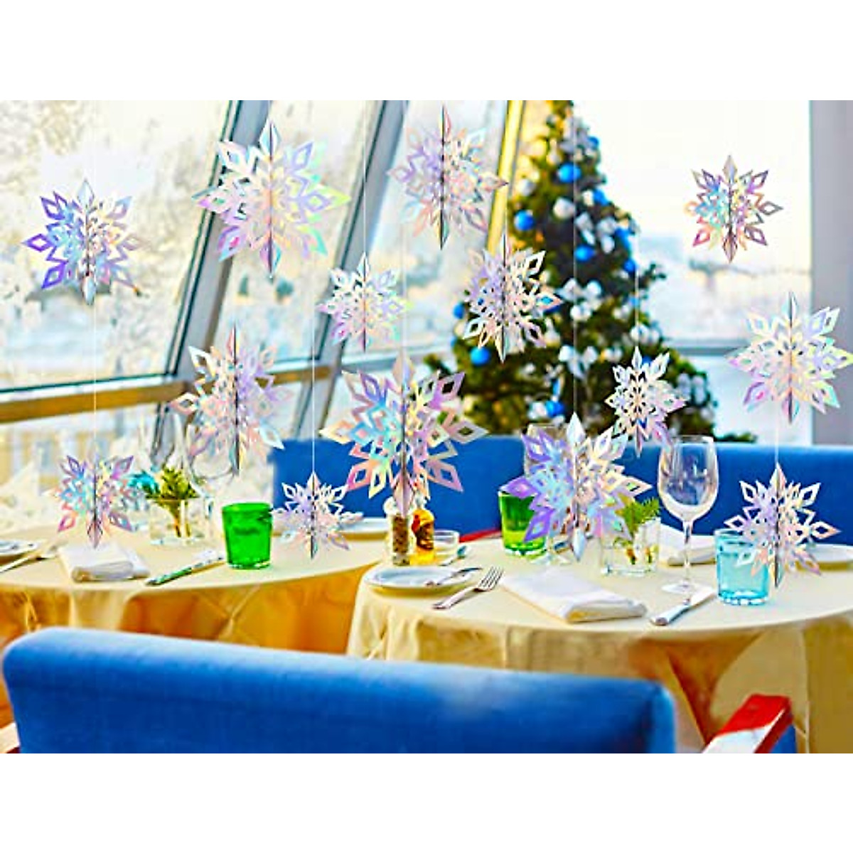 Christmas Hanging Snowflakes Decorations 15 Pack 3D Iridescent Paper Snowflakes Rainbow Snow Flakes Garland for Winter Wonderland Holiday Frozen Christmas Birthday Party Decorations Supplies