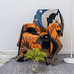 Dafatpig Halloween Blanket Sofa Blanket Fringe Throw Blanket 100% Cotton Lightweight for Chair Sofa Couch Bed Cover Fit Home Cozy Knit Blankets for Autumn