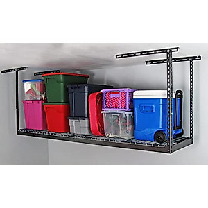 SafeRacks 3x8 Overhead Garage Storage Rack - 500 Pound Weight Capacity Height Adjustable Steel Ceiling-Mounted Rack with Accessories (Hammertone) (18"-33")