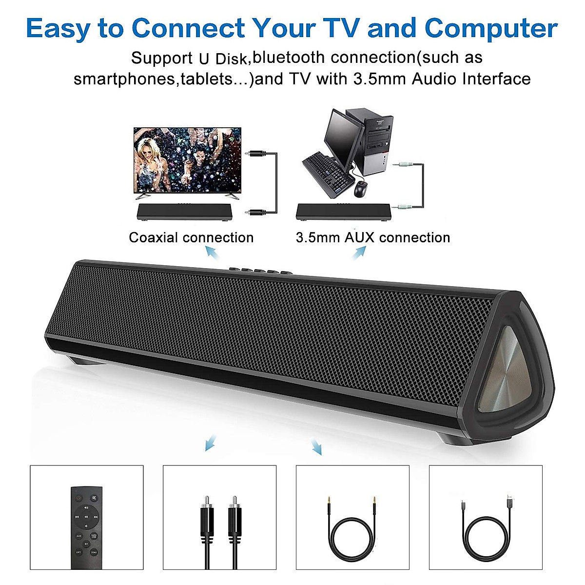 Portable Sound Bar for TV/PC, 105dB Bluetooth 5.0 Wireless & Wired Soundbar with 2200 mAh Battery, 3D Surround Sound Home Theater Built-in Subwoofer with Remote Control for Projectors/Phones/Tablets