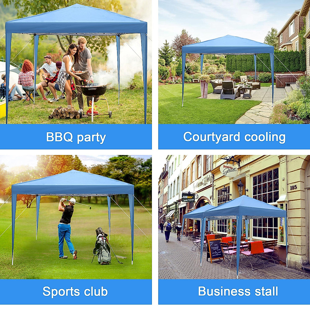 10 x 10 FT Pop Up Canopy Tent, Foldable & Adjustable Height, Stable Steel Frame Easy Set-up Outdoor Tent, Portable Carrying Bag, for Parties, Picnics & Camping, Blue