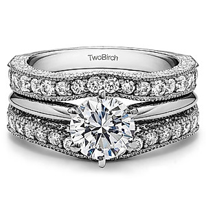 TwoBirch Sterling Silver Contour Ring Guard with Millgrained Edges and Filigree Cut Out Design With CZ or MOISSANITE (0.48 ct.) (Cubic Zirconia, 7)