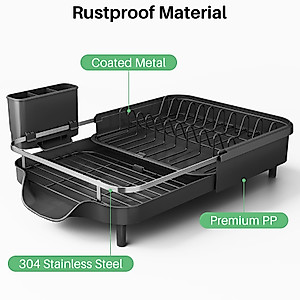 Dish Drying Rack, Expandable Dish Rack for Kitchen Counter, Stainless Steel Dish Drainer with Drainboard Set and Utensil Holder (Black)