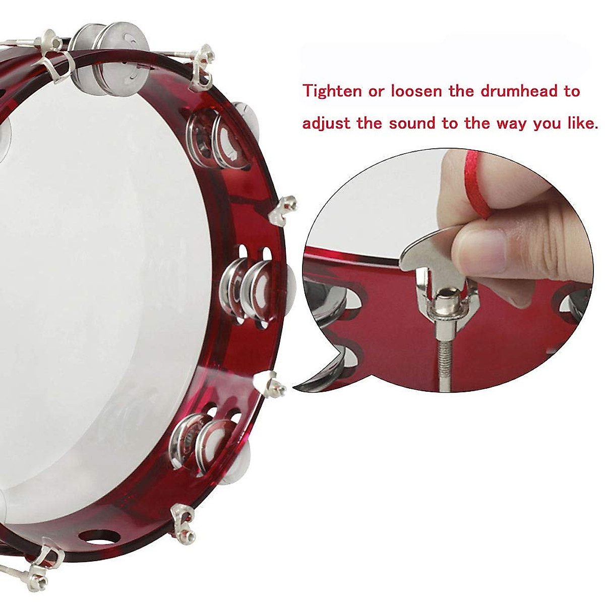 ENNBOM Tambourine Adjustable Tone Hand Drum Double Row Metal Jingles Hand Bell Performance Level Handheld Percussion (Red)