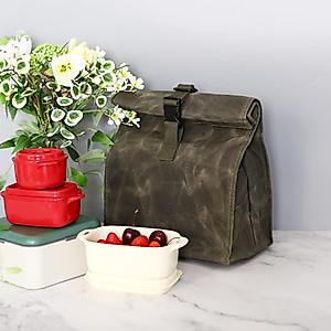 Denifiter Heavy Duty Waxed Canvas Reusable Lunch Bag, Hard Fabric, Durable, Quick Release Buckle (Army Green)