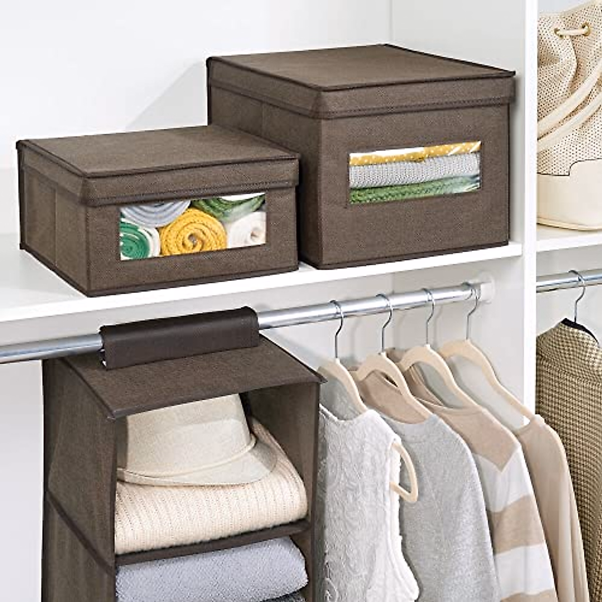 mDesign Large Fabric Stackable Closet Organizer Box with Clear Window/Lid for Bedroom, Office, Bathroom, Mudroom Organization - Shoe, Sweater, Clothes Storage, Lido Collection - Espresso Brown