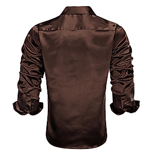 Hi-Tie Mens Long Sleeve Dress Shirt Satin Button Down Casual Prom Wedding Regular Fit Button Up Shirt,Dark Coffee Satin,XX-Large