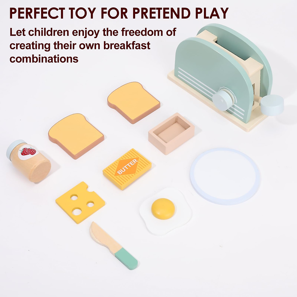 Wooden Play Pop Up Toaster Set Toys, Wooden Play Food and Kids Play Kitchen Accessories, Toys Gift for Toddlers Girls & Boys