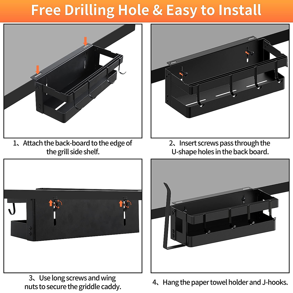 Griddle Caddy for Blackstone 36"/28"/17" Grill Utensil Storage, Grill Caddy for Outdoor Grill Blackstone Griddle Accessories Organizer, BBQ Caddy with Paper Towel Holder, Spatulas Slot, 4 J-Hooks
