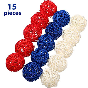 15 Pieces 1.8 inch 4th of July Wicker Rattan Balls Patriotic White Blue Red Decorative Ball Vase Bowl Fillers Natural Sphere Orbs Table Decoration for Independence Memorial Day Home Garden Party Decor
