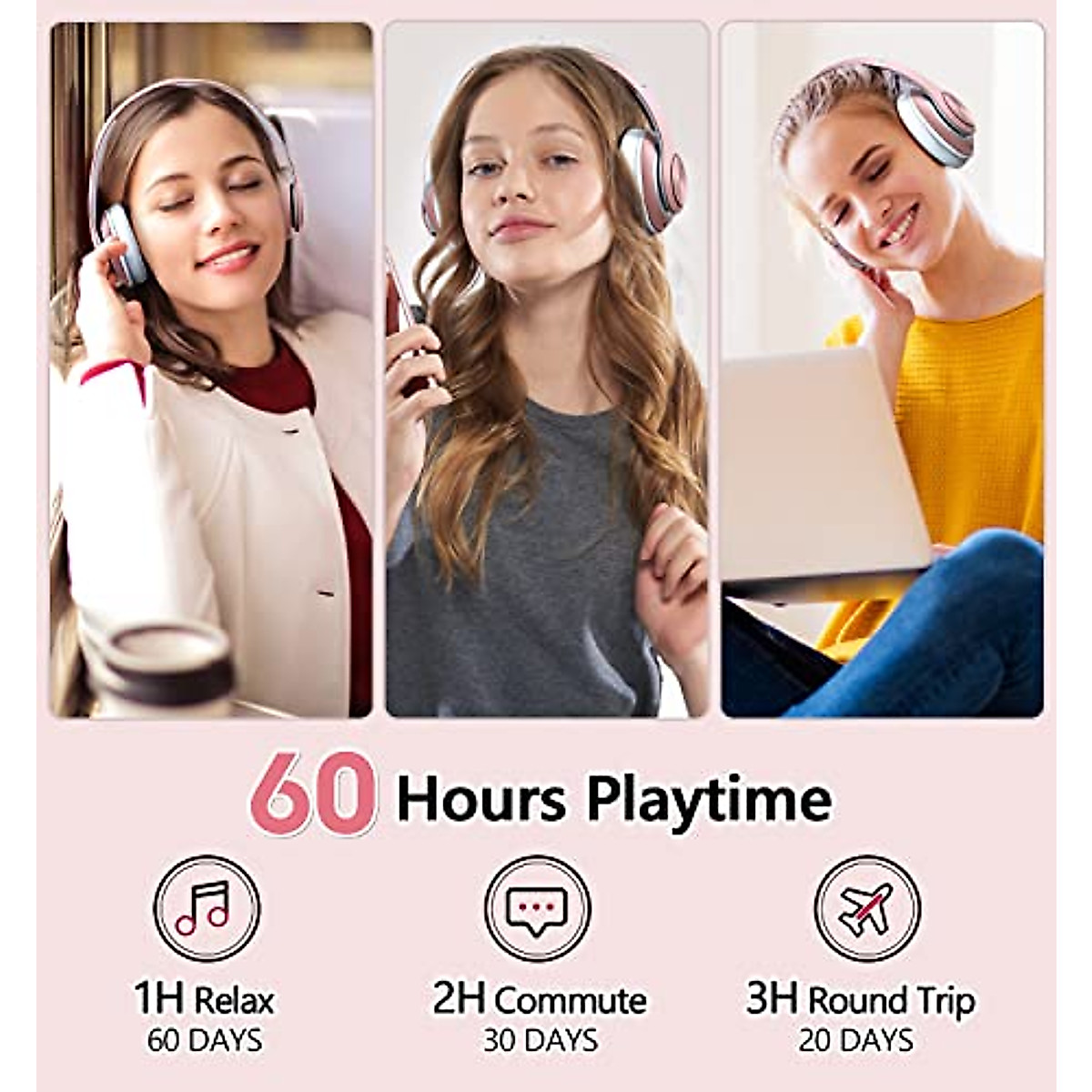 Wireless Headphones Over Ear, 60 Hours Playtime Foldable Bluetooth Headphones Hi-Fi Stereo Deep Bass with 6 EQ Modes, Adjustable Lightweight Headset with Microphone, FM, SD/TF for Travel, Work, PC