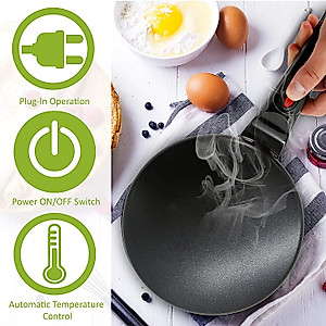 Electric Crepe Maker - Cooks Roti, Tortillas & Pancakes - Nonstick Cooktop - 8-inch Cook Area w/On/Off Switch, Automatic Temperature Control & Cool Touch Handle - Includes Food Bowl, Whisk & Spatula