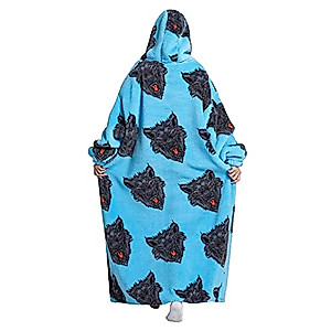 Long Wearable Blanket Hoodie for Women and Men,Lengthened Hooded Blanket for Adult Oversized Sherpa Sweatshirt Flannel Hooded Blanket with Hood Giant Pocket,Wolf