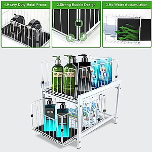 ZMJESSNIA Under Sink Organizer, 2 Tier Sliding Basket Drawer Organizer, Pull Out Under Sink Cabinets Organizer,Metal Home Organizer for Bathroom or Kitchen Pantry,White