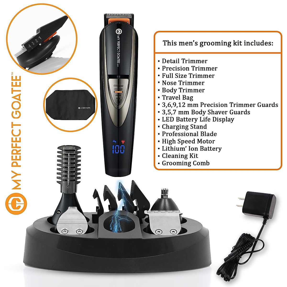 My Perfect Goatee®️ 13-in-1 Mens Grooming Kit - LED Display Beard Trimming Kit with Travel Bag, Charging Stand, & More - Waterproof, Cordless Electric Trimmer for Nose, Body, & More – Ideal Gift Set
