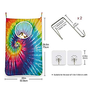 Swirl Rainbow Tie Dye Door Hanging Laundry Hamper Bag Space Saving Wall Large Laundry Basket Storage Dirty Clothes Bags with Bottom Zippers Hooks for Bathroom Bedroom 1 Pcs