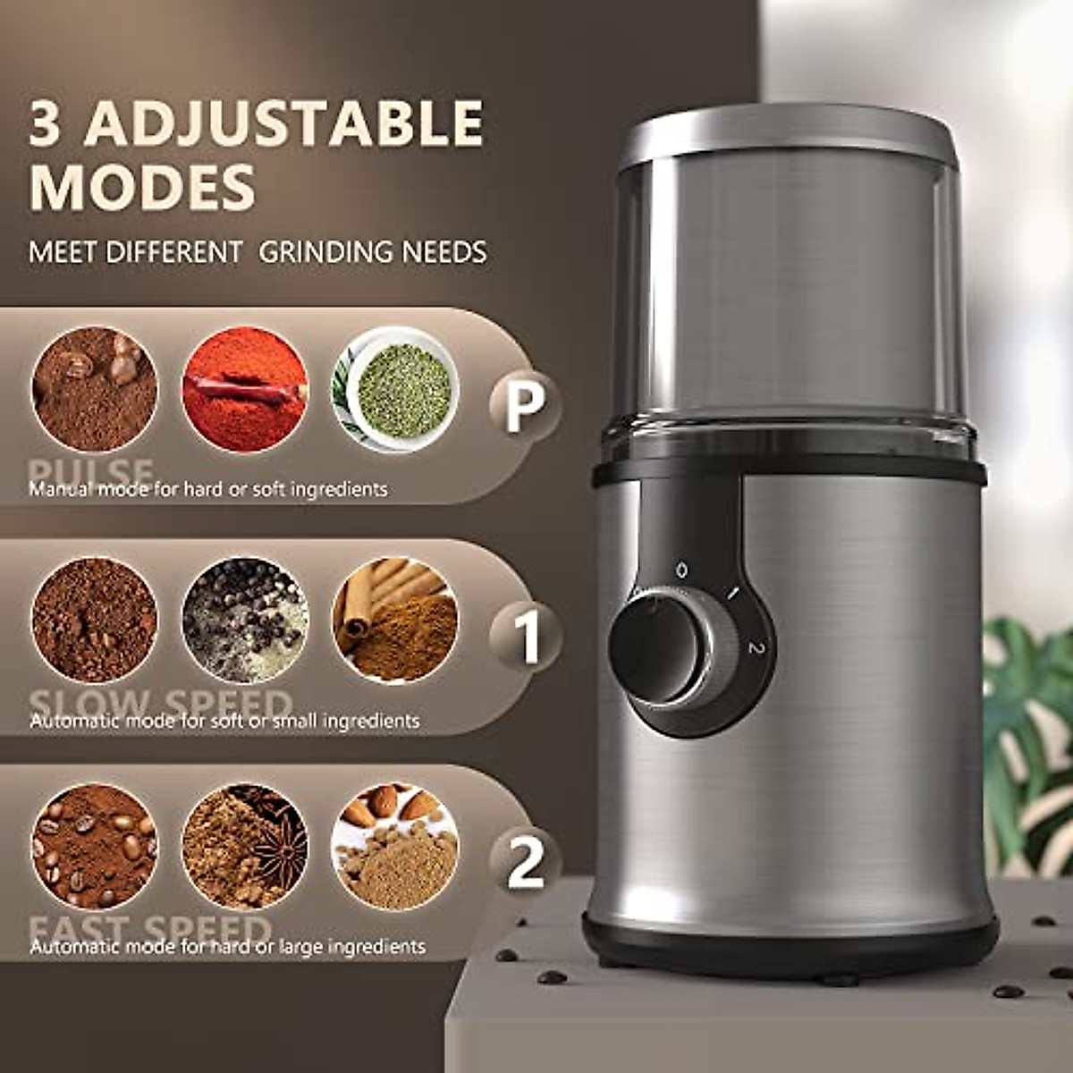 Electric Coffee Grinder with 1 Removable Cup, Adjustable Coffee Bean Grinder for Beans, Spice, Herb, Nut, Flax Seed, 300W Powerful Electric Spice Grinder with Non-Slip Feet, Clear Lid, Stainless Steel