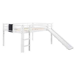 Full Size Loft Bed Wood Bed with Slide, Ladder, and Chalkboard, Loft Bed for Family, Kids, Teens, No Box Spring Needed