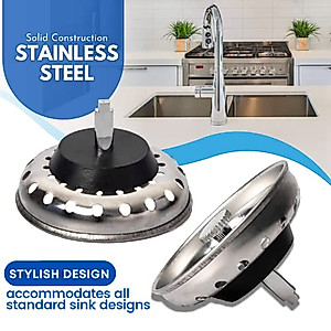 (2-Pack) Kitchen Sink Strainer with Stopper - Replacement Stainless Steel Strainer with Rubber Stopper Bottom - Fits Standard 3 1/2” Drains with Rectangular Center Hole - Post-Style Strainer Baskets