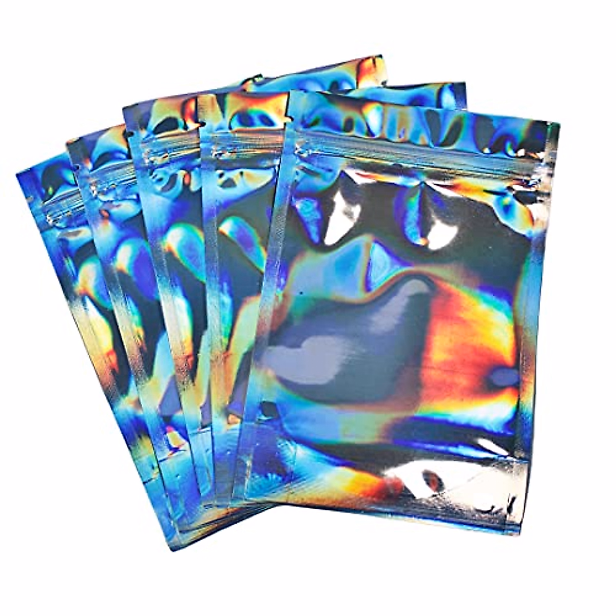 Self-Standing Mylar Bags for Food Storage: Resealable Set of 50 Easy Slide Open and Smell Proof Holographic Bags | 4x6 Inch Food-Grade & Reusable Plastic Stash Bag | Small Bags with Lay Flat Designs