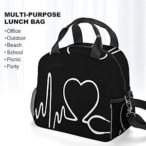 AMRANDOM Adults Reusable Compatible with Nurse Heartbeat Designed Black Lunch Bag with Shoulder Adjustable Strap Thermal Cooler Lunch Tote Lunch Box Handbag for Work Outdoor Travel Picnic