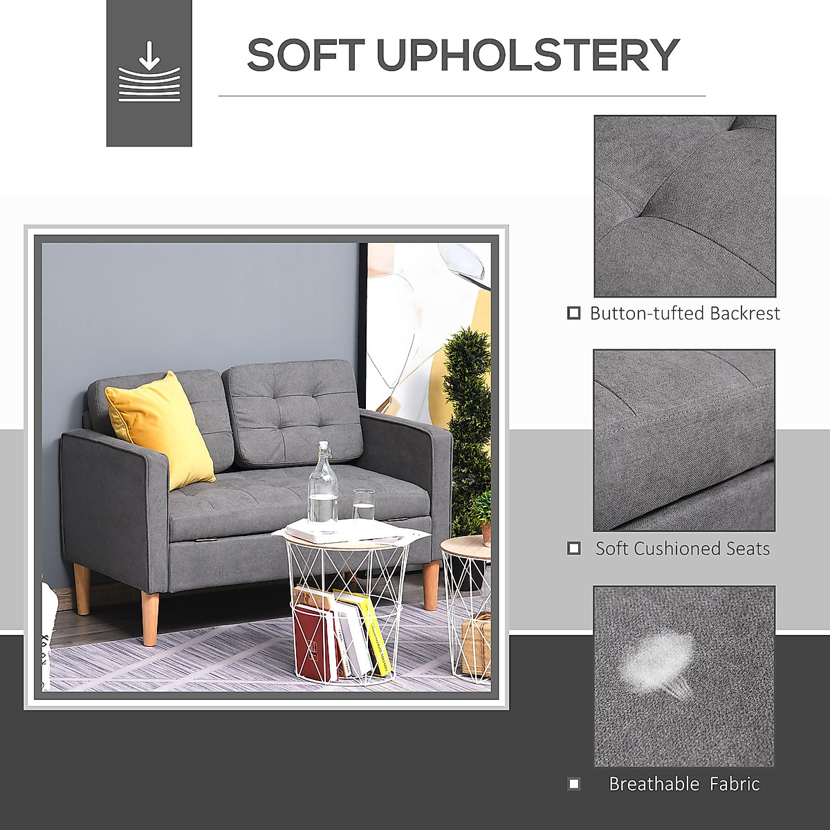 HOMCOM Modern 2-Seater Loveseat Button-Tufted Fabric Couch with Storage Chest, Cushions and Rubberwood Legs for Living Room, Grey