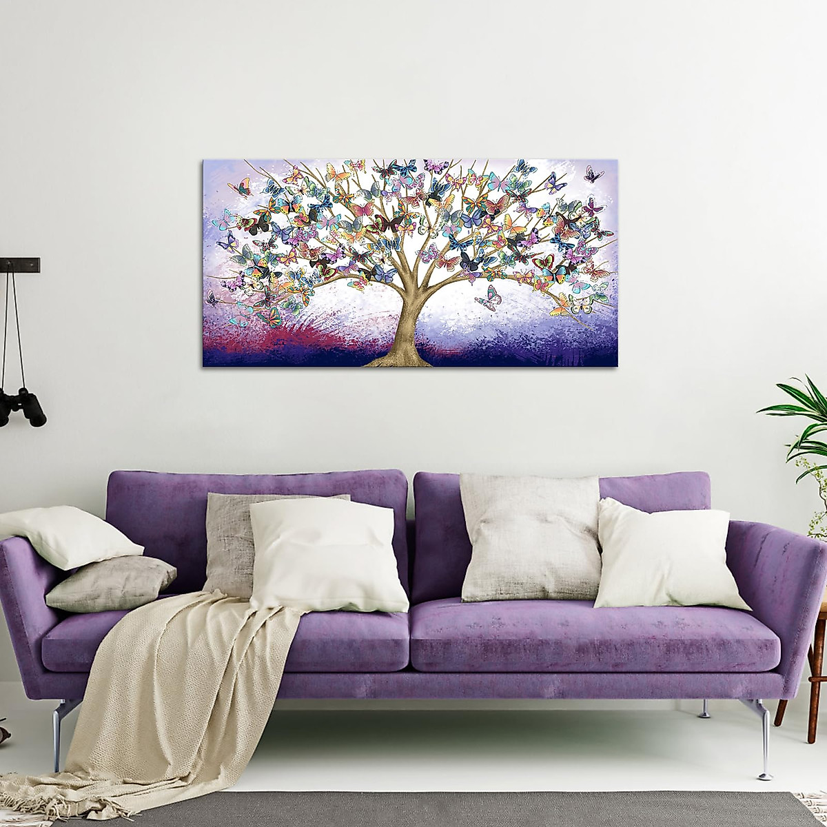 FuShvre Butterfly Pictures Wall Decor Purple Butterflies Canvas Wall Art Prints Tree of Life Artwork Painting Framed 24"x48"