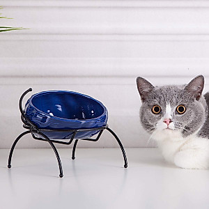 Jemirry Ceramic Elevated Cat Bowl Anti Vomiting, 15° Tilted Food and Water Cat Bowl Set, Raised Pet Bowl with Non-Slip Stand for Cat and Dog, Protect Pet's Spine, Microwave Dishwasher Safe (Sea Blue)