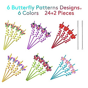 24 Butterfly Drinking Straws with 2 PCS Straws Cleaning Brush for Butterfly Birthday Party Supplies Favors Decorations
