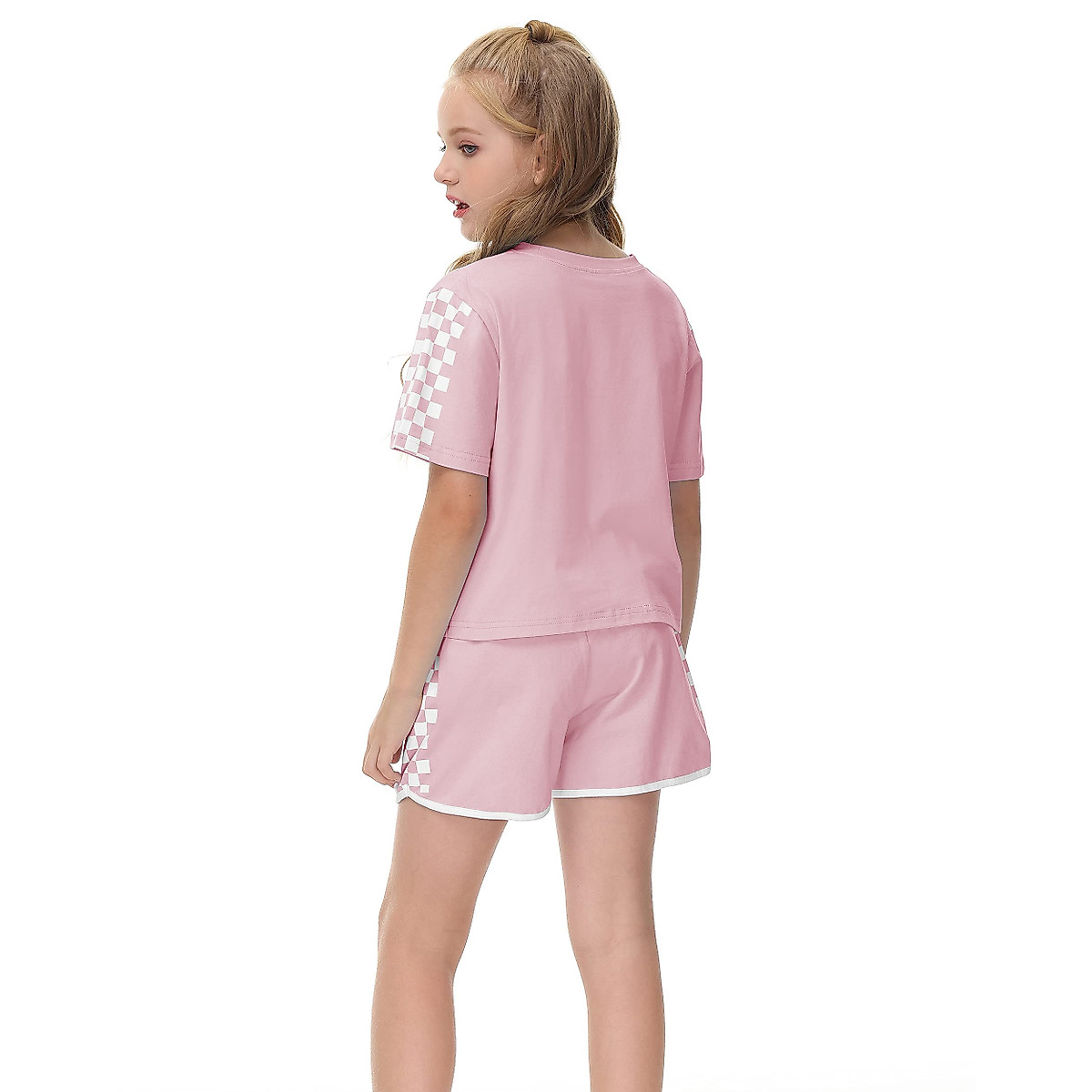 CNJFJ Cute Outfits For Girls 10-12 Years Old Plaid Shorts Sleeve Crop Tops And Shorts Sets