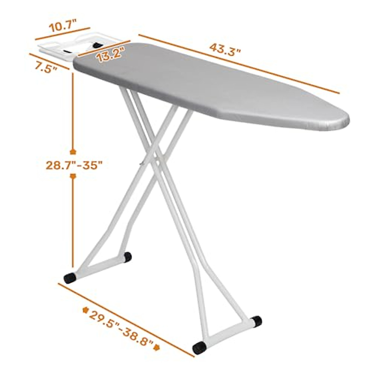ALIMORDEN Space Saver Ironing Board 43" X 13" with Iron Frame Adjustable Height 28"-35" Easy Storage, Heat Resistant Silicone Tray, Padded Top Grey