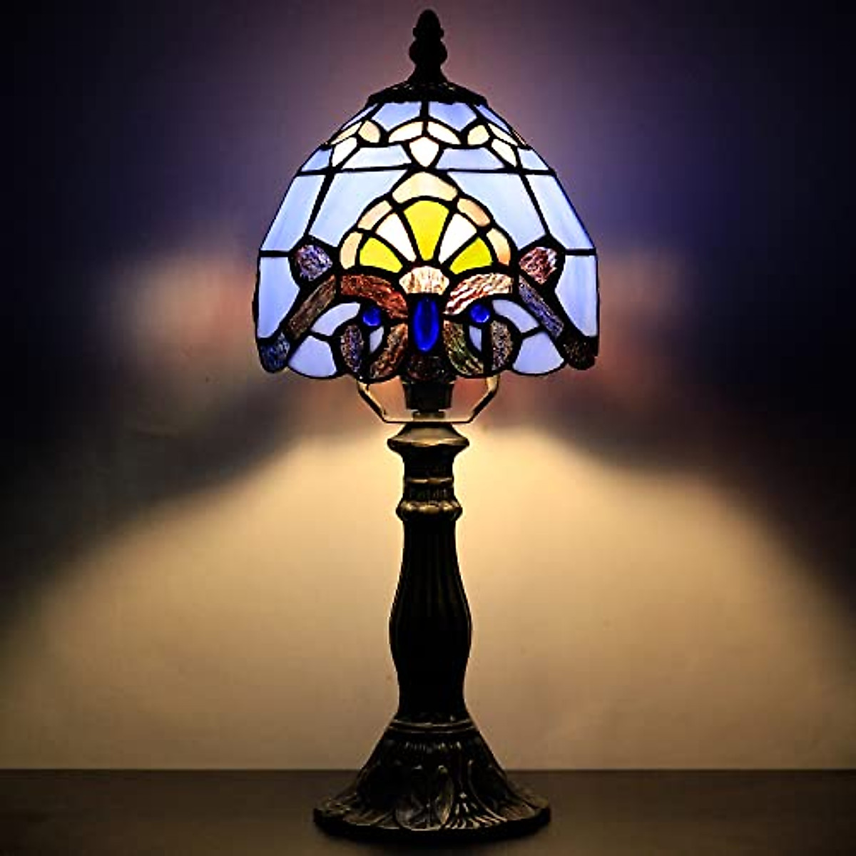 RHLAMPS Small Tiffany Lamp Mini Accent Table Lamp Blue Stained Glass Baroque Style Desk Memory Lamp Sympathy 6X14.6 Inch