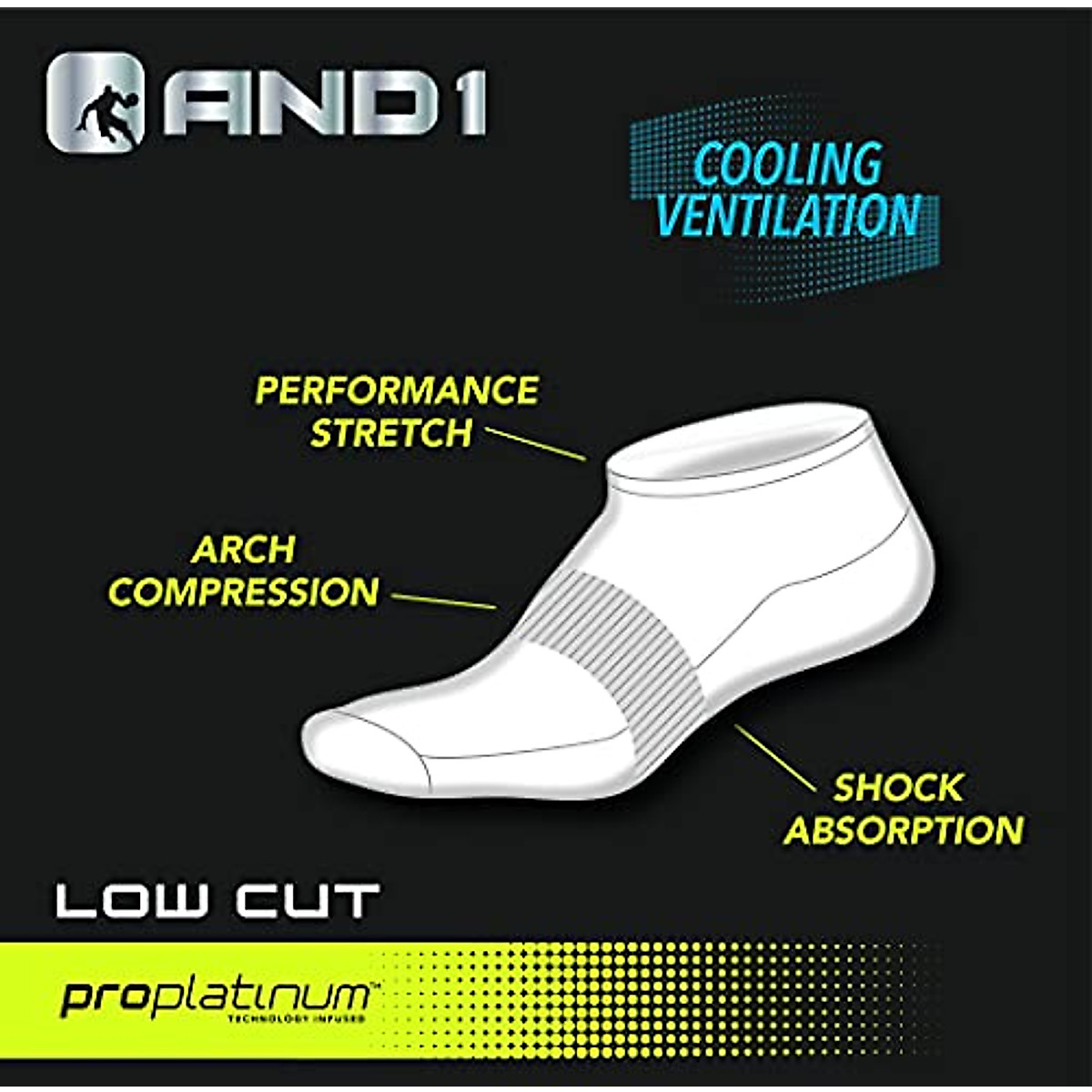 AND1 Men's Socks - Athletic Cushion Low Cut Socks (12 Pack), Size 6-12.5, Black