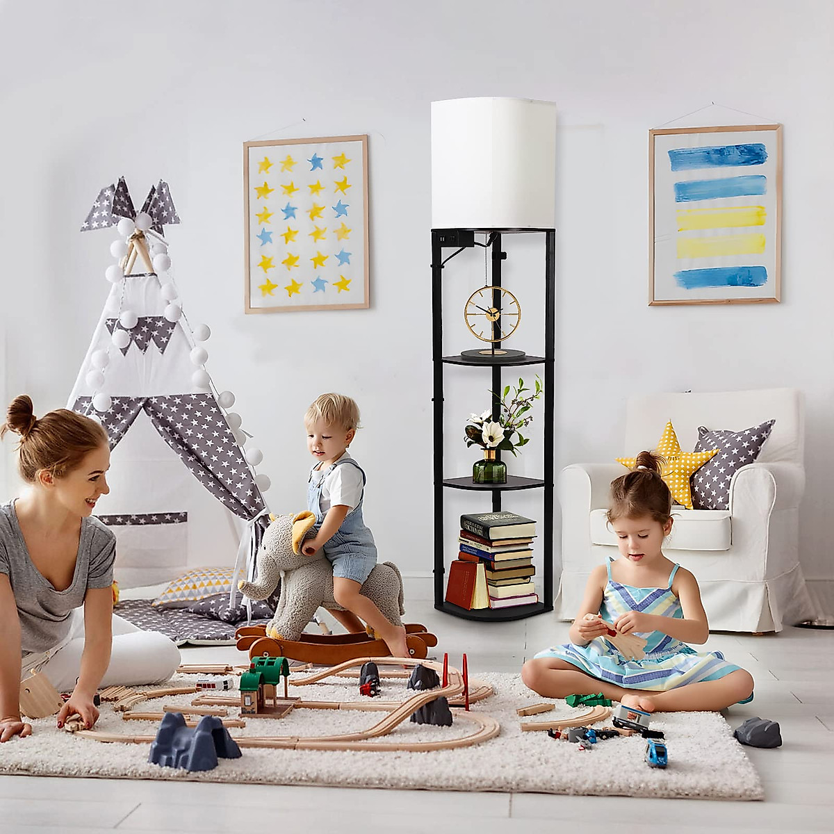 LUNSY Floor Lamp with Shelves, Smart RGB Shelf Floor Lamp with 2 USB Ports & 1 Power Outlet, Modern Display Floor Lamps with RGB Bulb, Standing Lamp for Living Room, Bedroom and Office - Black