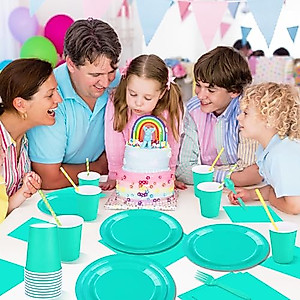TWOWYHI 228PCS Teal Blue Party Supplies Set Include Paper Plates Cups Teal Blue Napkins Plastic Spoons Forks Knives for 30 Guests Disposable Party Dinnerware for Birthday Wedding Family Picnic