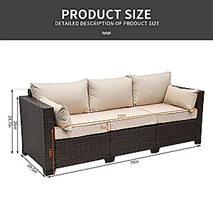 WAROOM Patio Couch PE Wicker 3-Seat Outdoor Brown Rattan Sofa Deep Seating Furniture with Non-Slip Beige Cushion