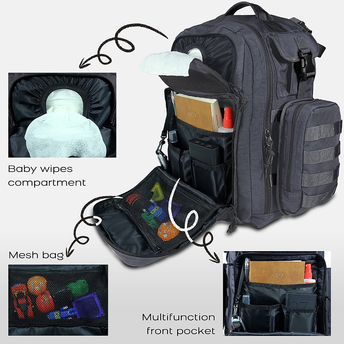 Dad Diaper Bag, Mens Diaper Bag Backpack with Diaper Changing Mat, Military Diaper Backpack with Molle Webbing, Waterproof Pouch, Baby Wipes pocket, Insulated Bottle Pockets- Dark Grey