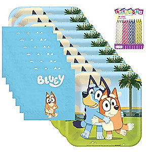 Amscan Bluey Party Supplies Pack Serves 16: Bluey Birthday Party Supplies; Bluey 7" Dessert Plates & Beverage Napkins with Birthday Candles (Bundle for 16)