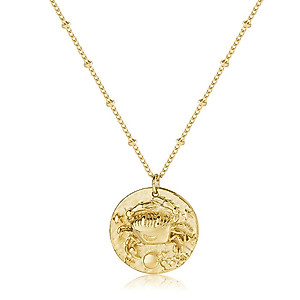 Fremttly Zodiac Coin Embossed Necklace Disc 12 Constellation Astrology Horoscope 14K Gold/Silver Plated Round Pendant Personalized Necklace Gift for Women Cancer