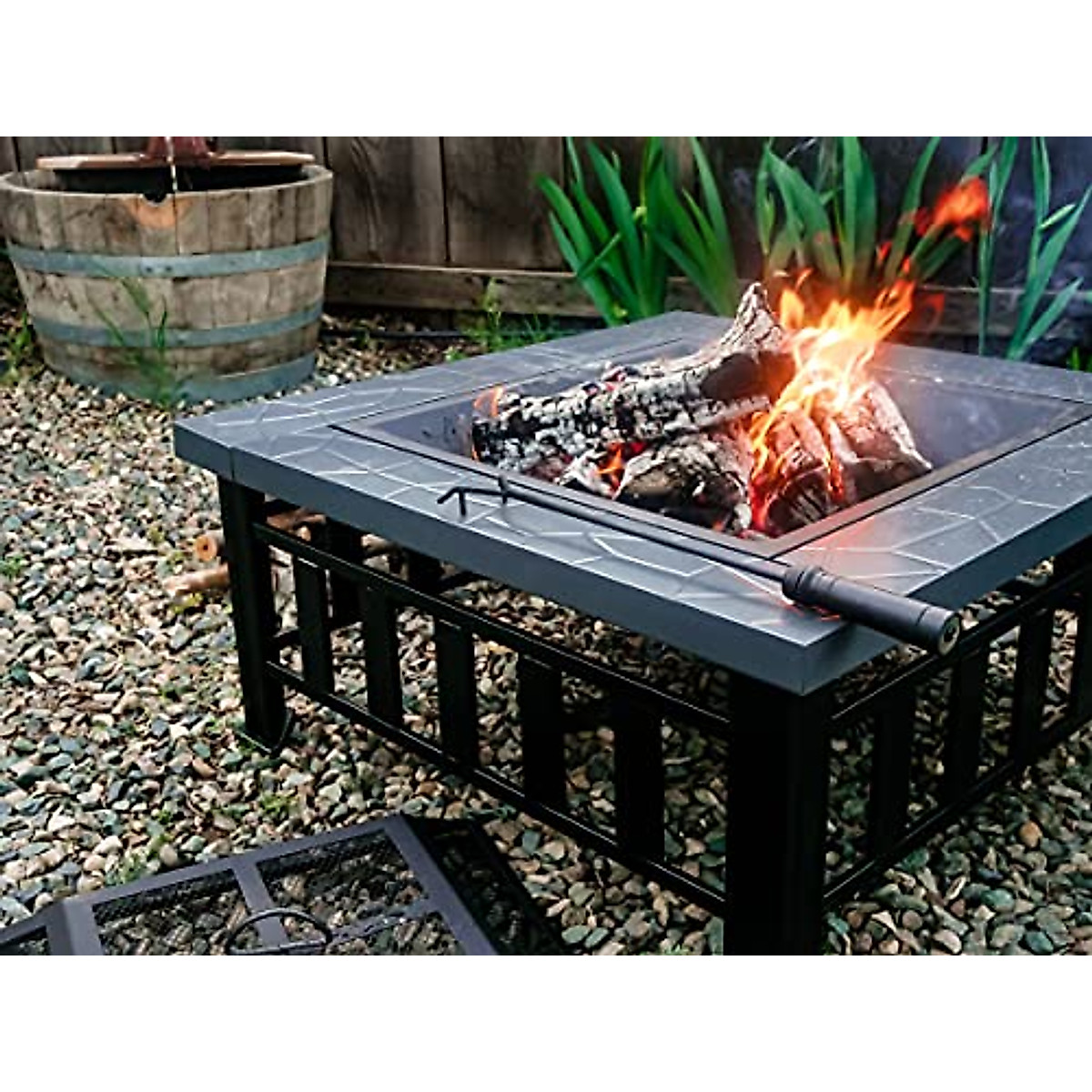 Yardom 34 inch Outdoor Fire Pits BBQ Square Firepit Table Backyard Patio Garden Stove Wood Burning Fireplace with Grill, Spark Screen Cover, Poker, Rain Cover
