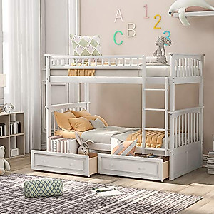 GLORHOME Twin Over Twin Wood Convertible Bunk Bed with Storage Drawers and Full Length Safety Guard Rails,Space Saving Bedroom Furniture, Can Be Converted into 2 Beds