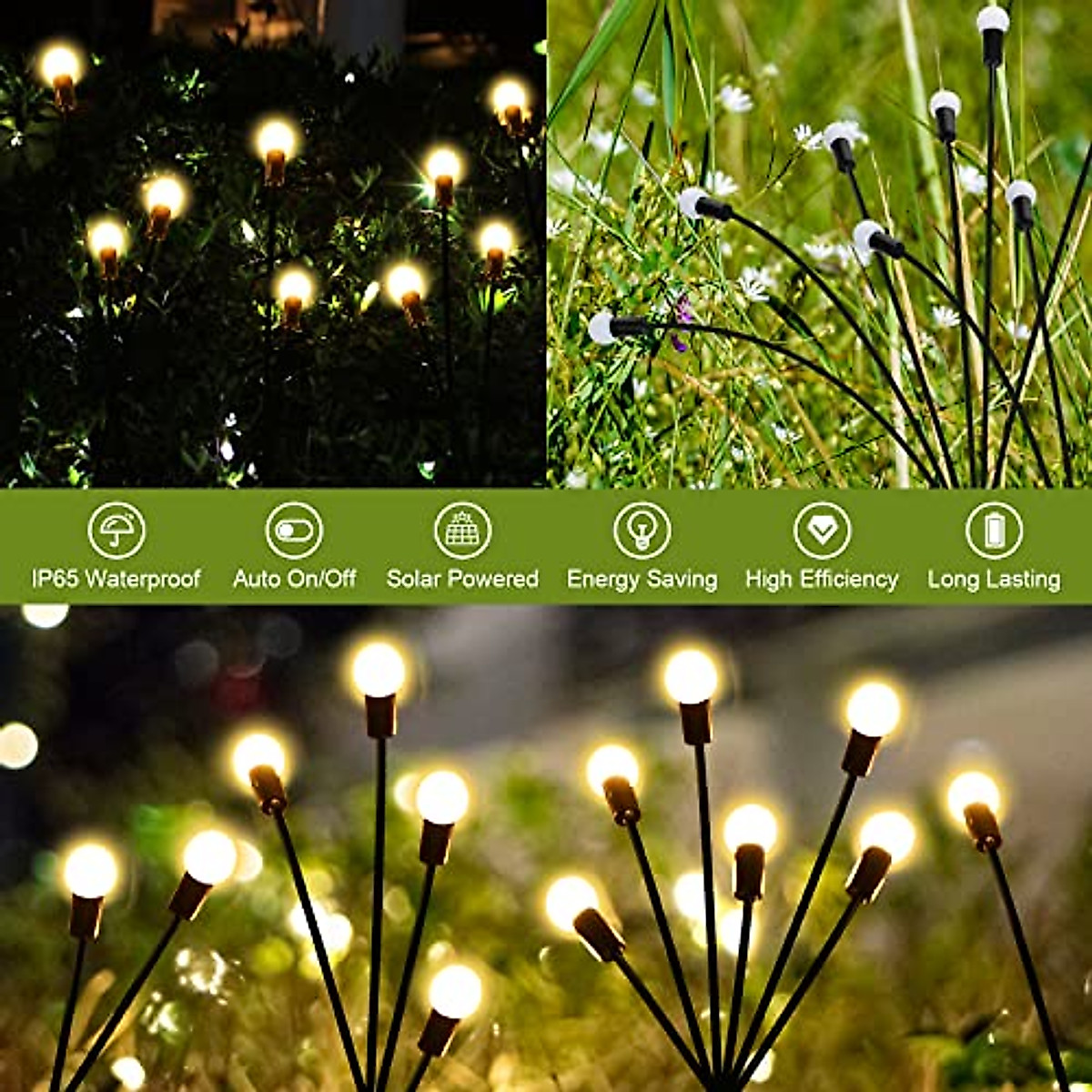 Oyxon Solar Garden Lights, 10 LEDs Solar Powered Firefly Lights, Solar Lights Outdoor Waterproof, Solar Garden Decorative Lights for Yard Patio Path Landscape, 2 Pack (10-Head Warm White)