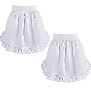 Geyoga 2 Packs Women's Apron Kitchen Cooking Half Apron Vintage White Maid Apron with Pockets Servant Aprons(Waist Apron)