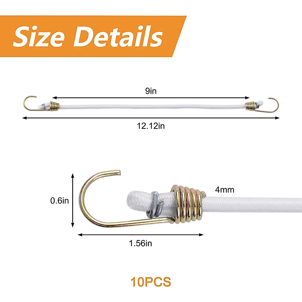 Morobor White Elastic Rope Rubber Strap, 10pcs Mini Bungee Cords with Metal Hooks, Rubber Stretchy Bungee Cords with Hooks for for Bikes, Wire Racks, Tents and Hand Carts etc