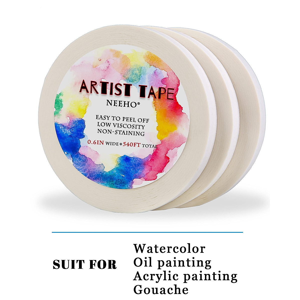 Artist Tape for Drafting Art, Neeho 3 Pack Acid-Free White Masking Tape for Watercolor Painting Canvas Framing, 0.6inch Wide 540FT Long Total