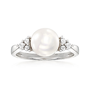 Ross-Simons 7.5-8.5mm Cultured Pearl and .13 ct. t.w. Diamond Ring in Sterling Silver. Size 7