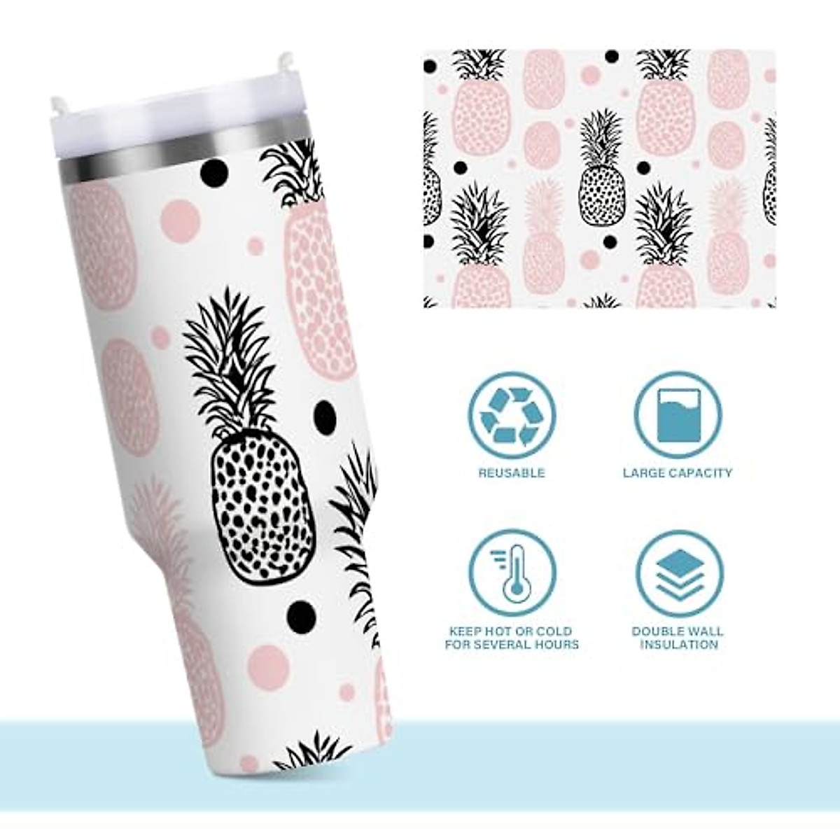 ODAWA Stainless Steel Vacuum Insulated Tumbler 40oz with Lid and Straw, Pineapples Dots White Travel Insulated Tumblers